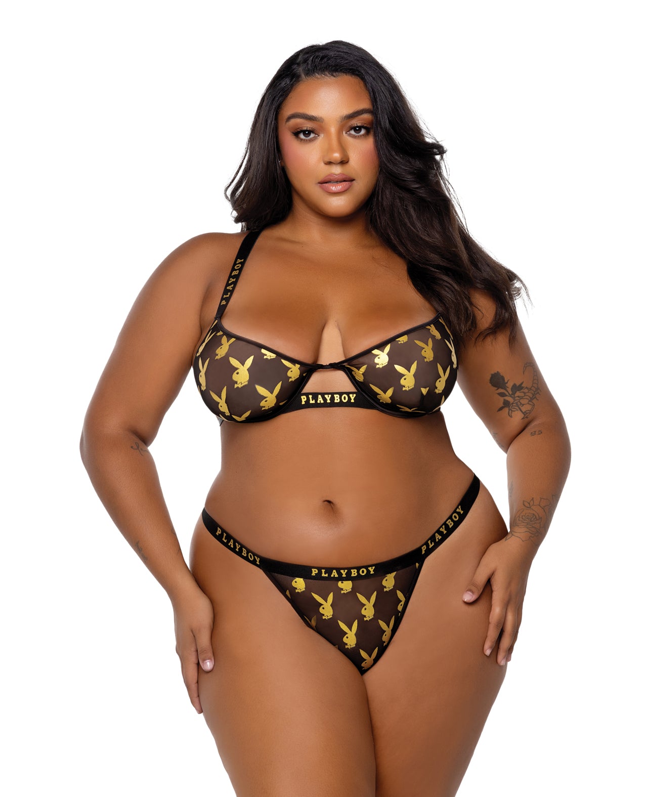 Playboy Gold Foil Mesh & Satin Bralette w/Thong 2 pc Set - Black/Gold – Nefarious By Design